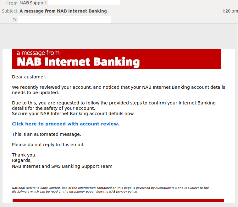 Warning: Multiple variations of a phishing email scam spoofing NAB hit inboxes